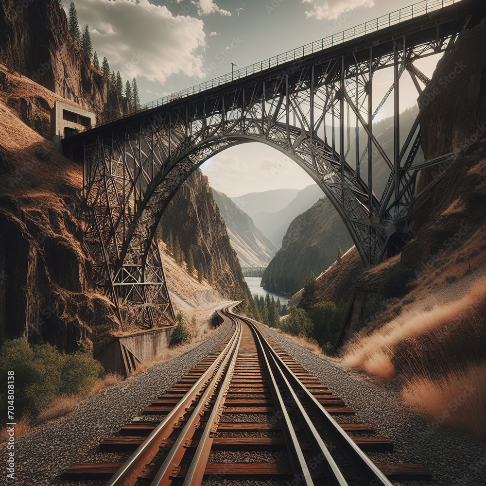 Steel railway bridge spans Hells Canyon, leading into a mountain tunnel ...