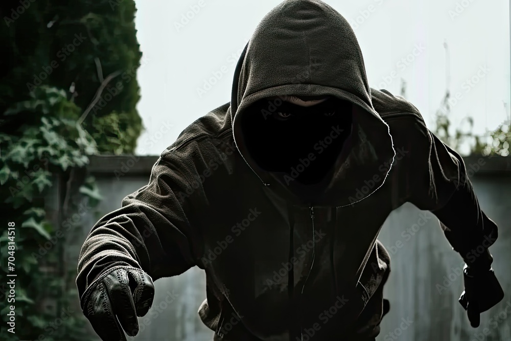 Silhouette of dangerous criminal. Masked man holding crowbar in shadows ...