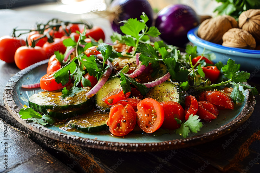 Salad of vegetables and nuts dressed with olive oil, close-up dish ...