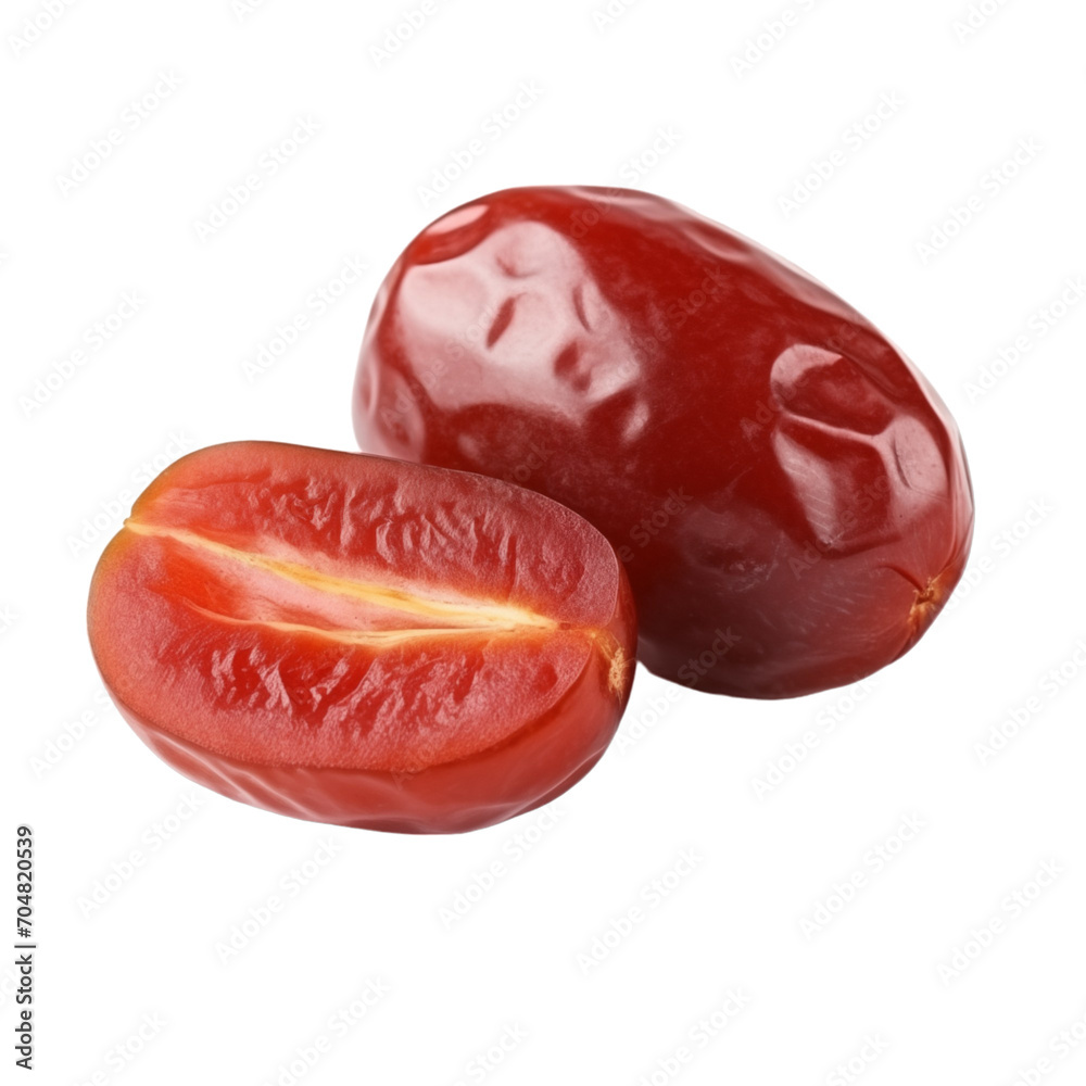 fresh organic jujube cut in half sliced with leaves isolated on white ...