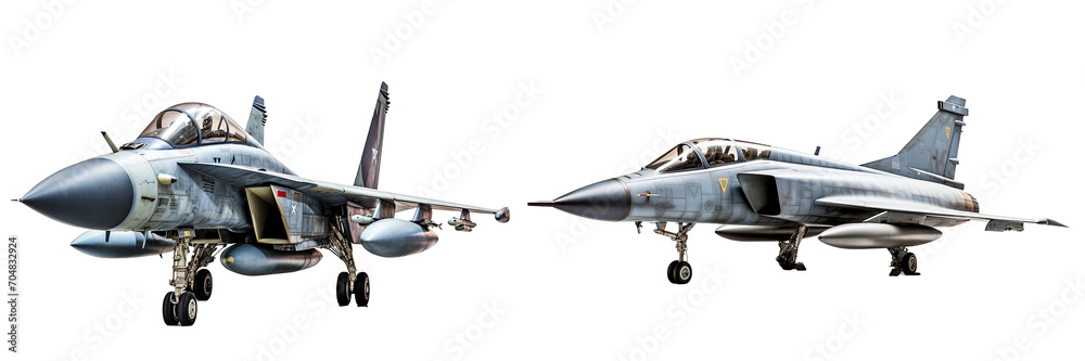 Set of fighter jet aircraft isolated on transparent background. Side ...