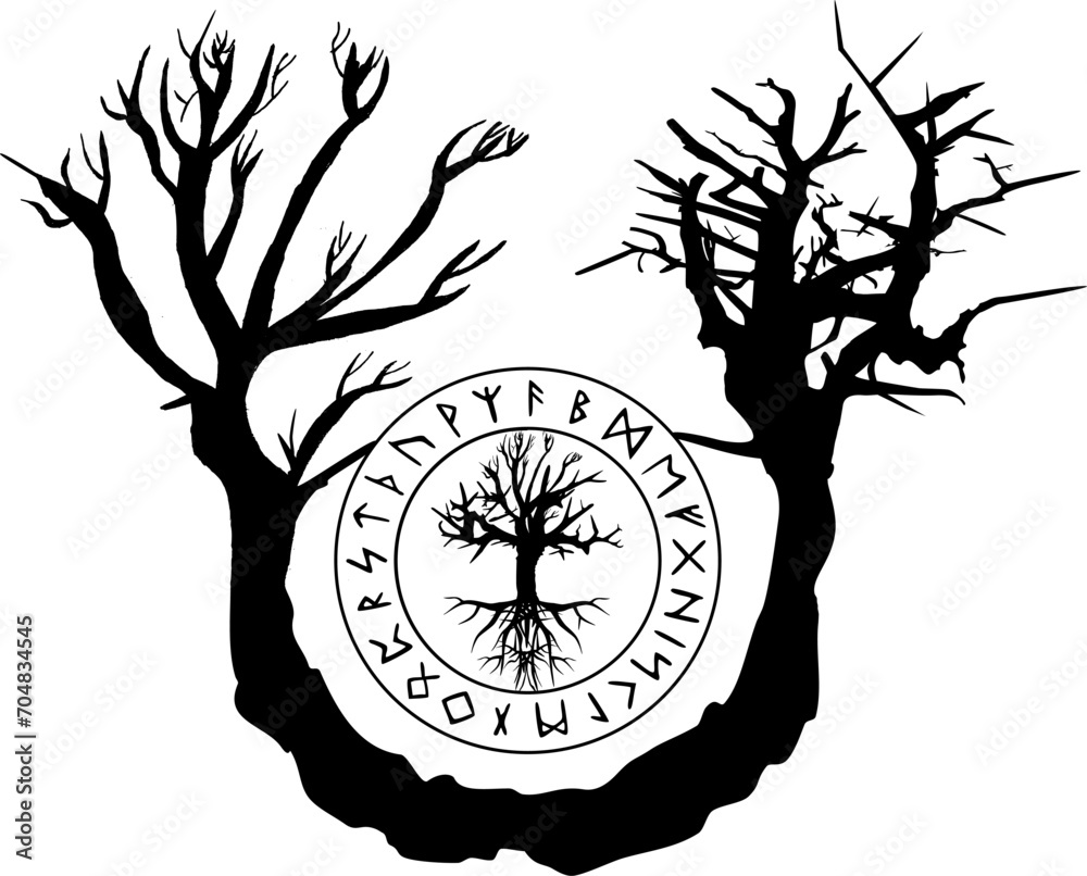 Vektor Silhouette - Wikinger Symbole mit Bäumen - Yggdrasil und Runen ...