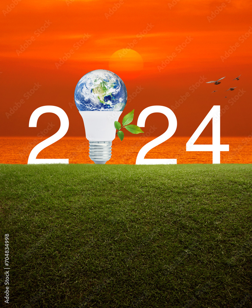 Earth globe inside led light bulb with leaves and 2024 on green grass ...