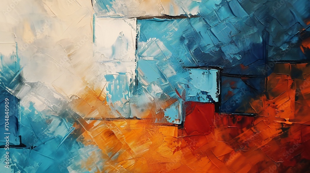 Modern art made with orange color paint smears and rough brush strokes ...