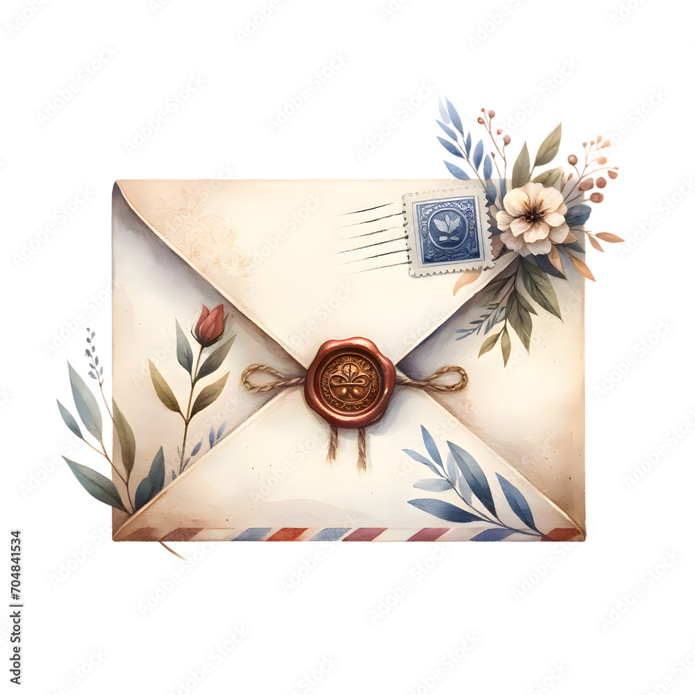 Vintage envelope. Watercolor envelope with leaves and stamp. Envelope ...