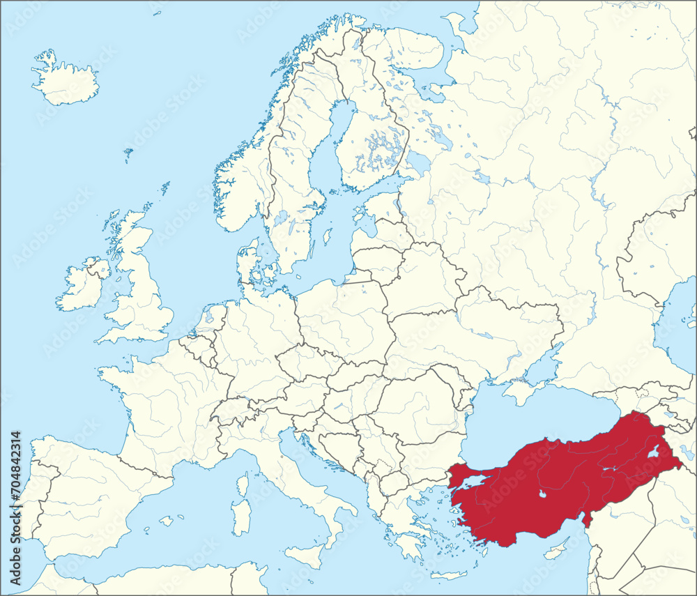 Red CMYK national map of TURKEY/TURKIYE inside detailed beige blank ...