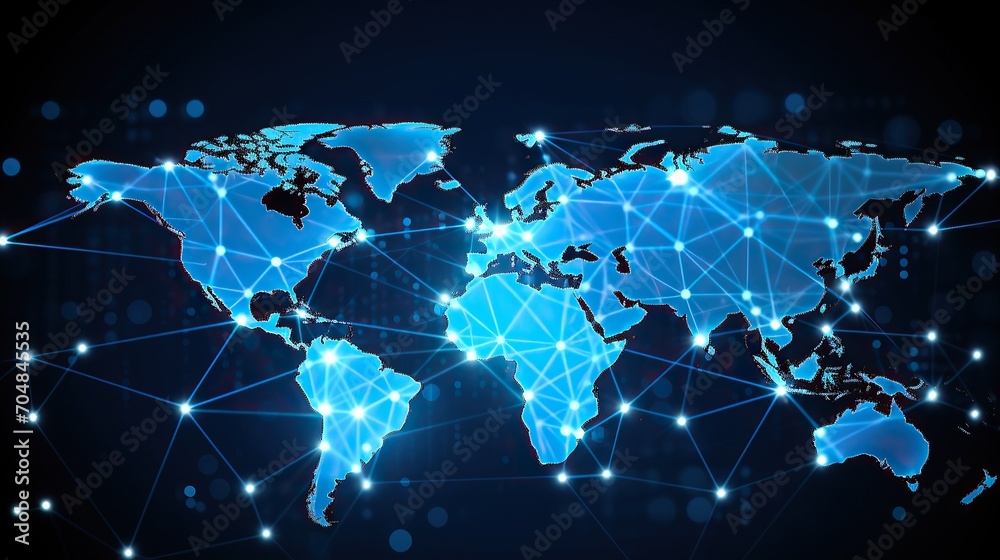 Global internet work.World map, shining lines connected by dots symbol ...
