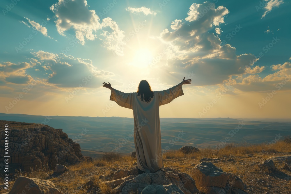 Jesus Christ in the desert. Arms outstretched, in worship. The concept ...