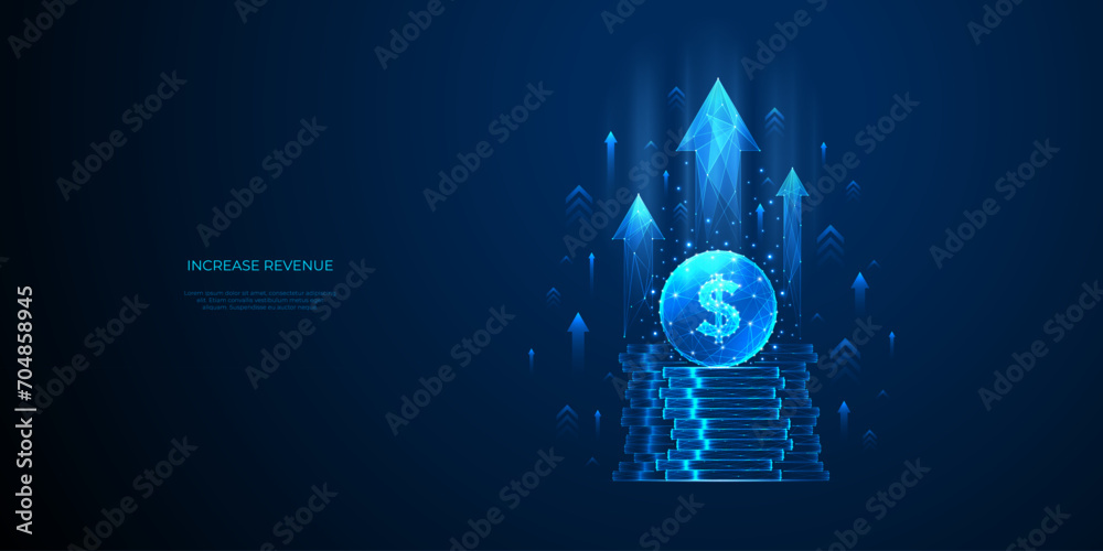 Increase Revenue Concept. Light Blue Dollar Coin and Money Stack with ...