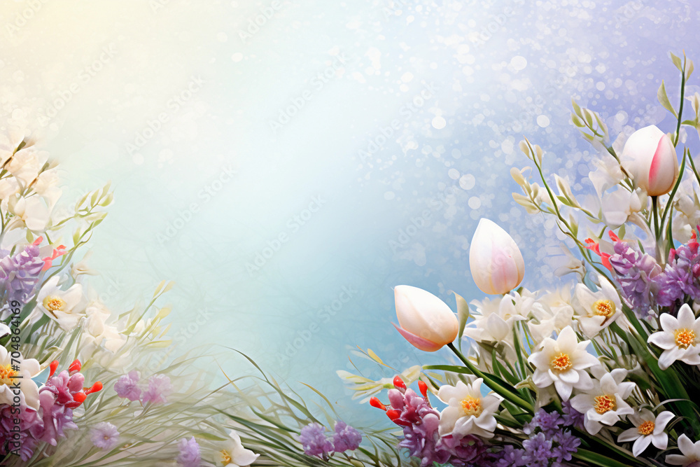 spring background with flowers and grass small plant garden on the lawn ...