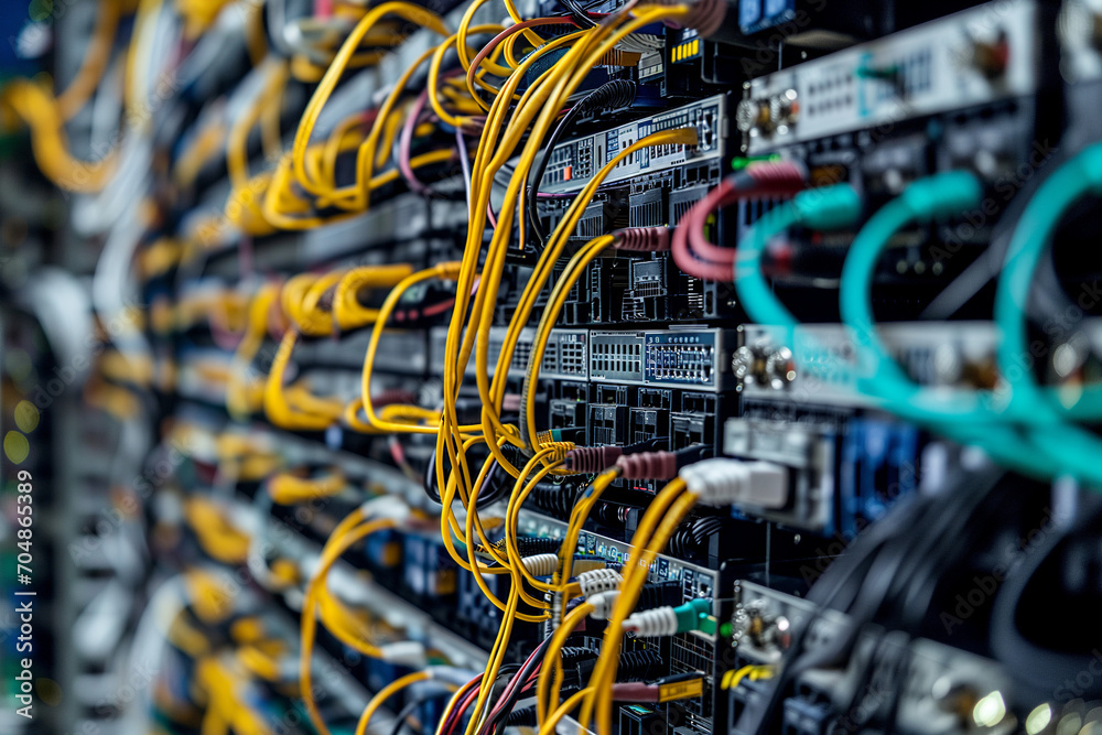 network equipment, switch hub and cables, blue lights, technology and ...