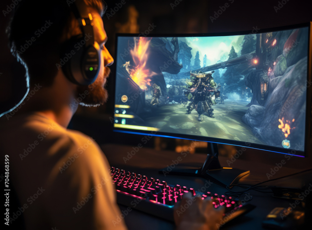 Engrossed gamer in a dark room, illuminated by the glow of an action ...