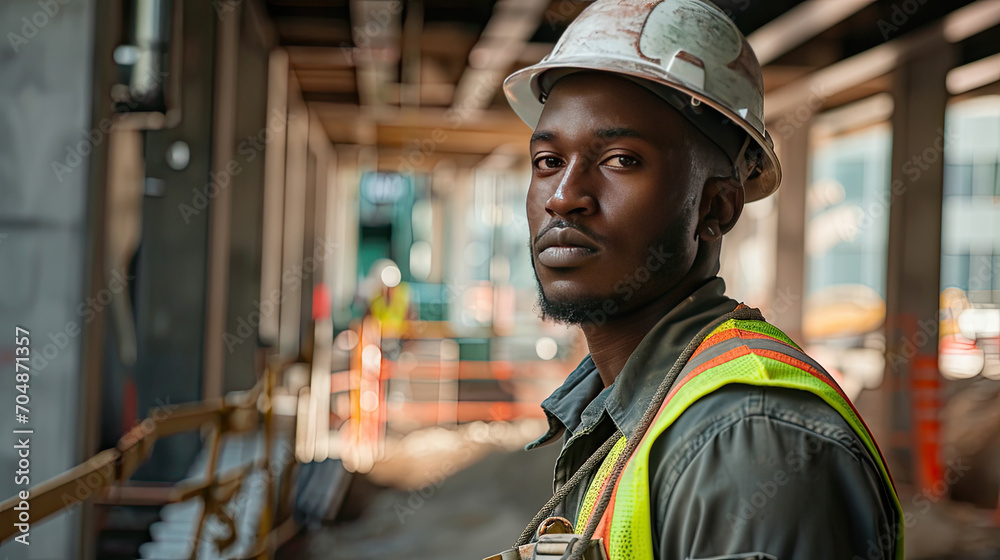 Portrait of a black construction worker dressed in work uniform and ...