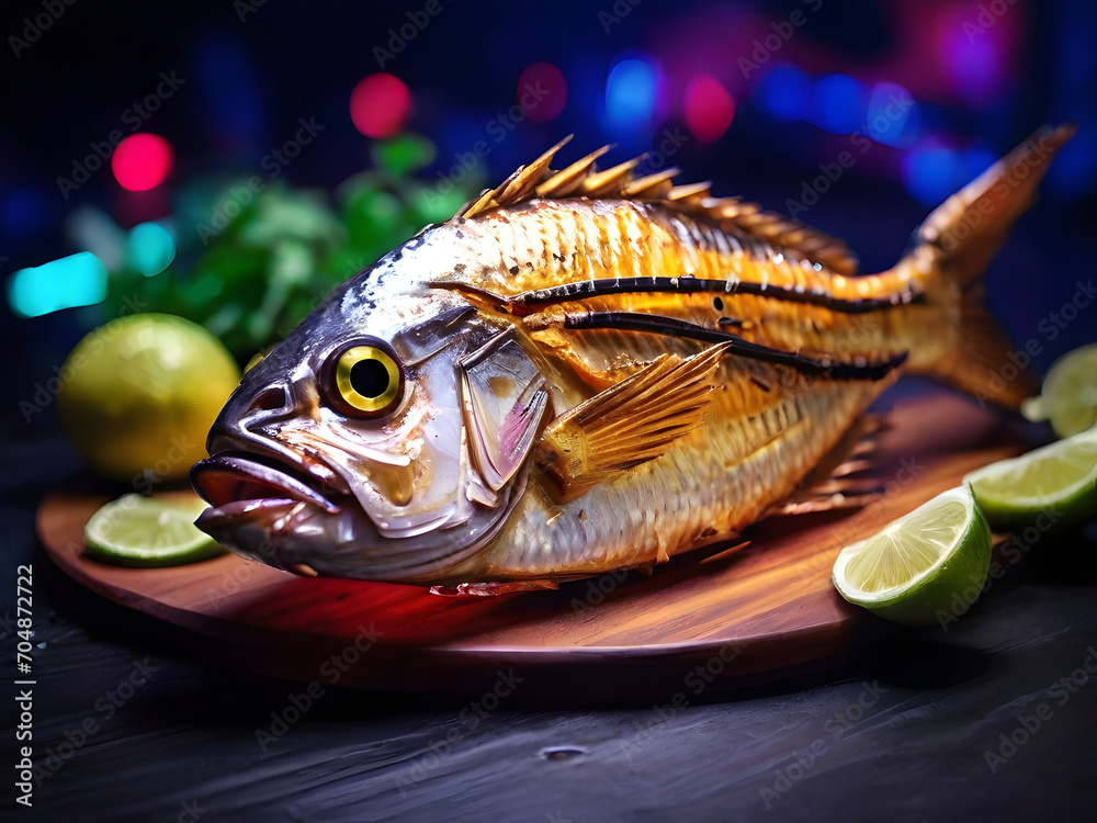 fish in a restraunt behind neon light , fish in a plate , grilled fish ...