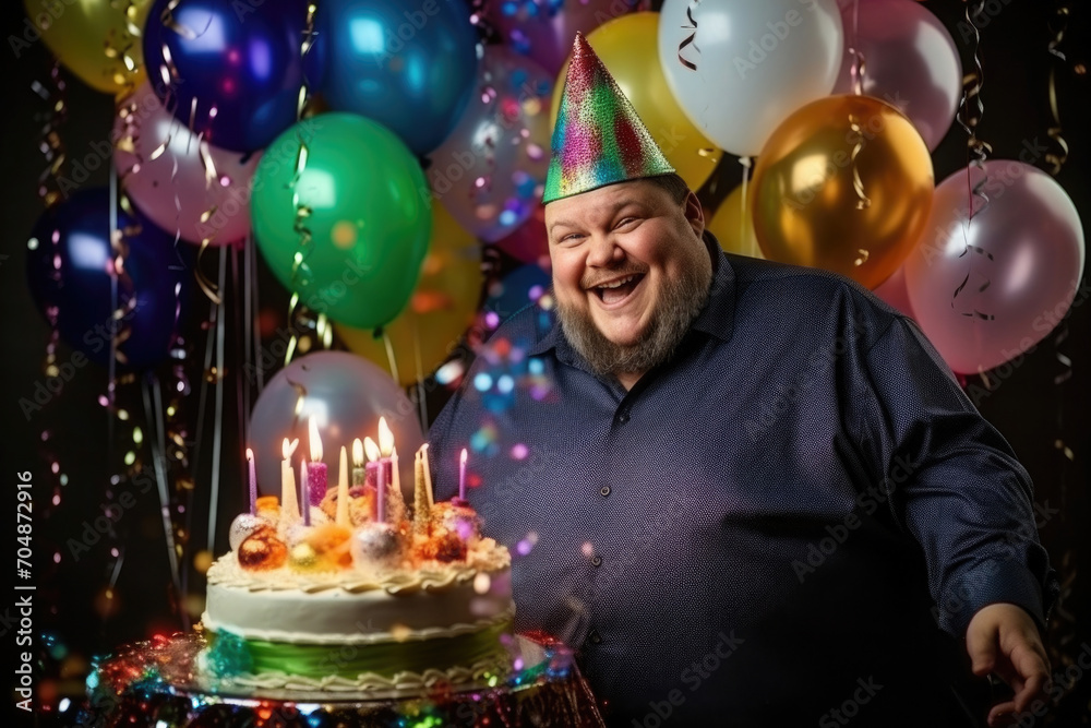 big fat man birthday boy on his head cap cap laughing with cake and ...