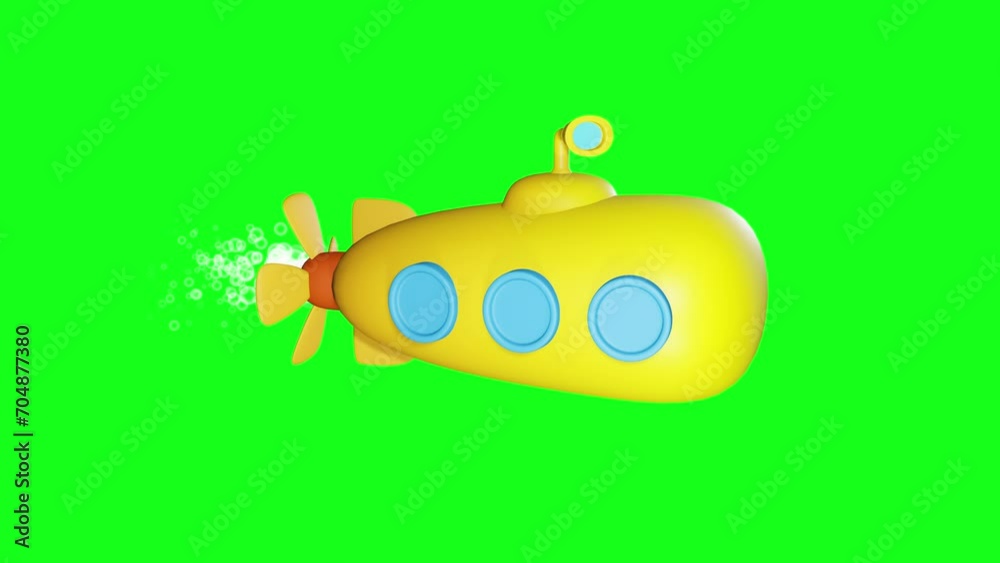 3D Cartoon Yellow Submarine Floats On Green Screen, Producing Bubbles ...