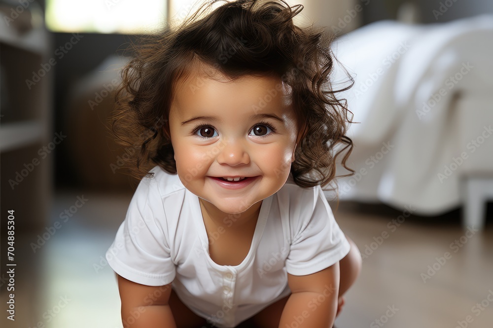 Smiling small little baby in diaper crawling on white floor background ...