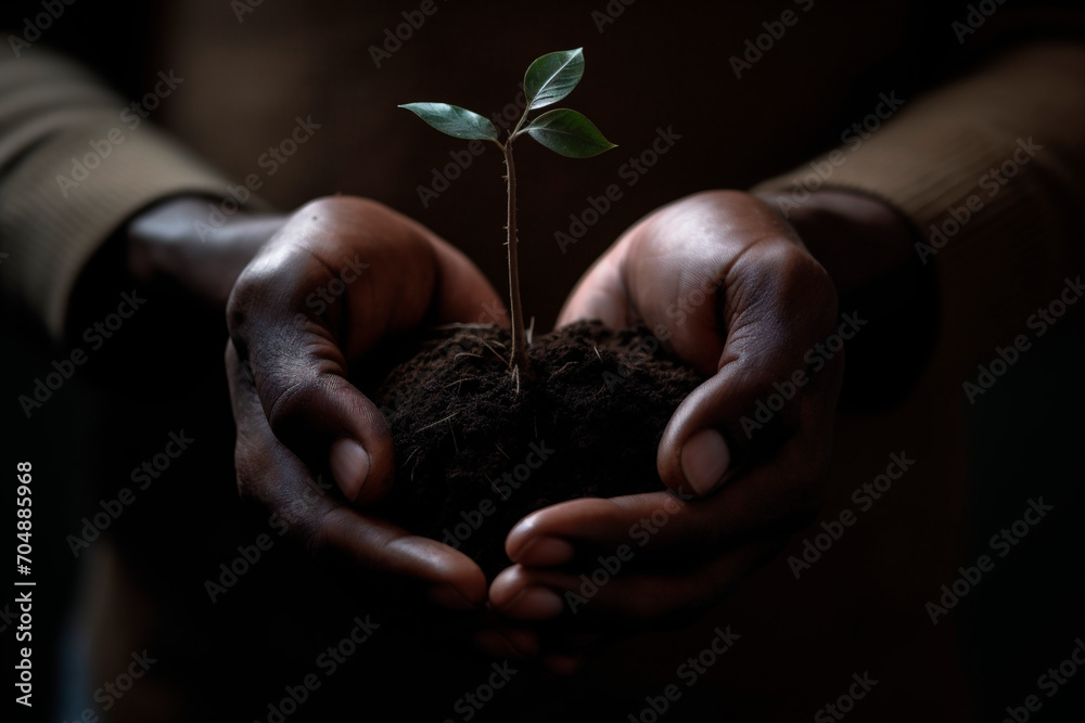 Hands of african man holding young plant in sunshine. Environment ...