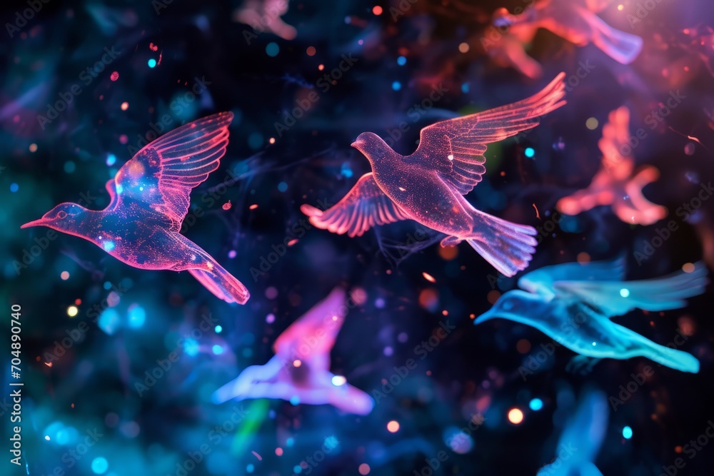 Abstract digital art of glowing birds in flight against a cosmic ...