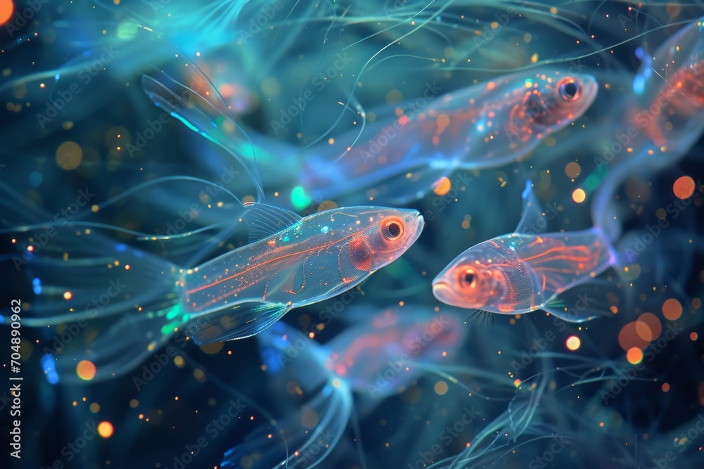 Transparent fish with neon blue light effects swimming in dark ...