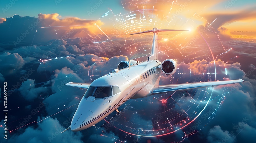 Sky Symphony Futuristic Jet Soars Amidst Abstract Radar Signals in High ...