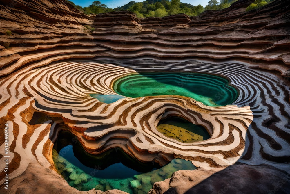 A natural amphitheater formed by geological processes, with intricate ...