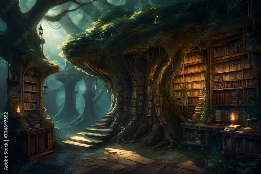 An ancient library hidden within a dense enchanted forest, with ...