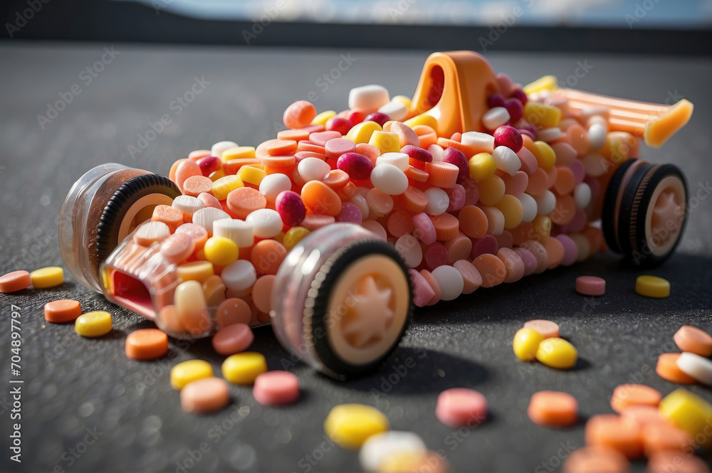 Race car made from candies on the track. Illustration on the theme of ...