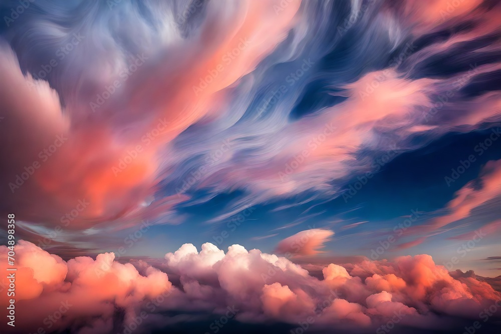 Wispy clouds drenched in shades of coral and indigo, creating a surreal ...