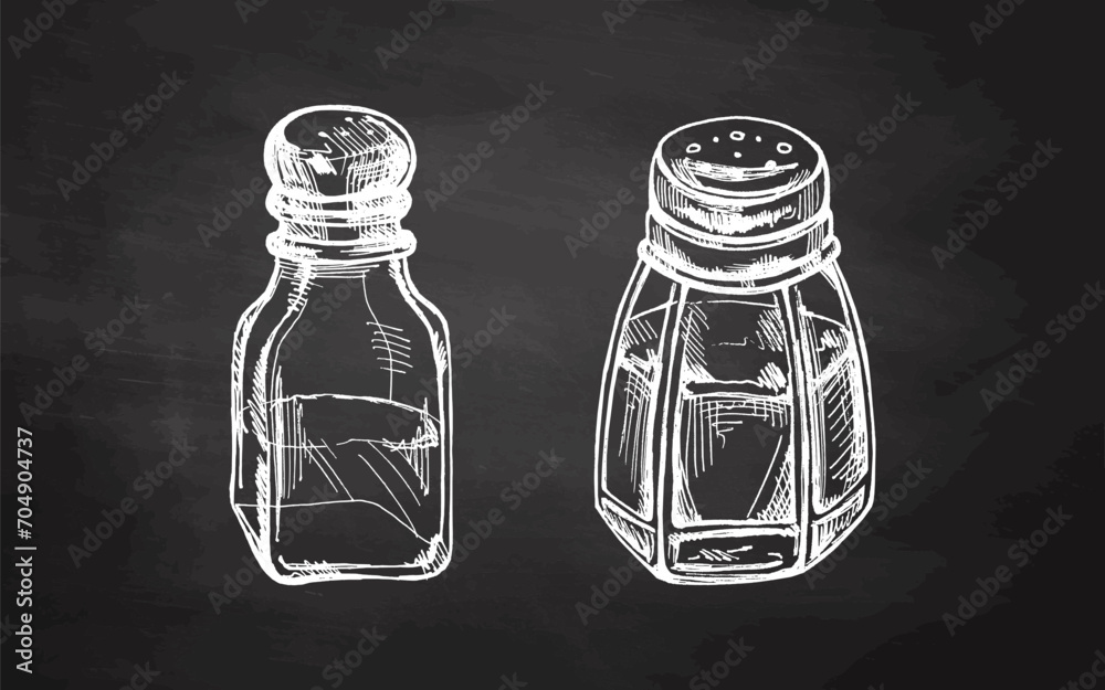 Hand-drawn sketches of glass salt shakers with metal lid on chalkboard ...