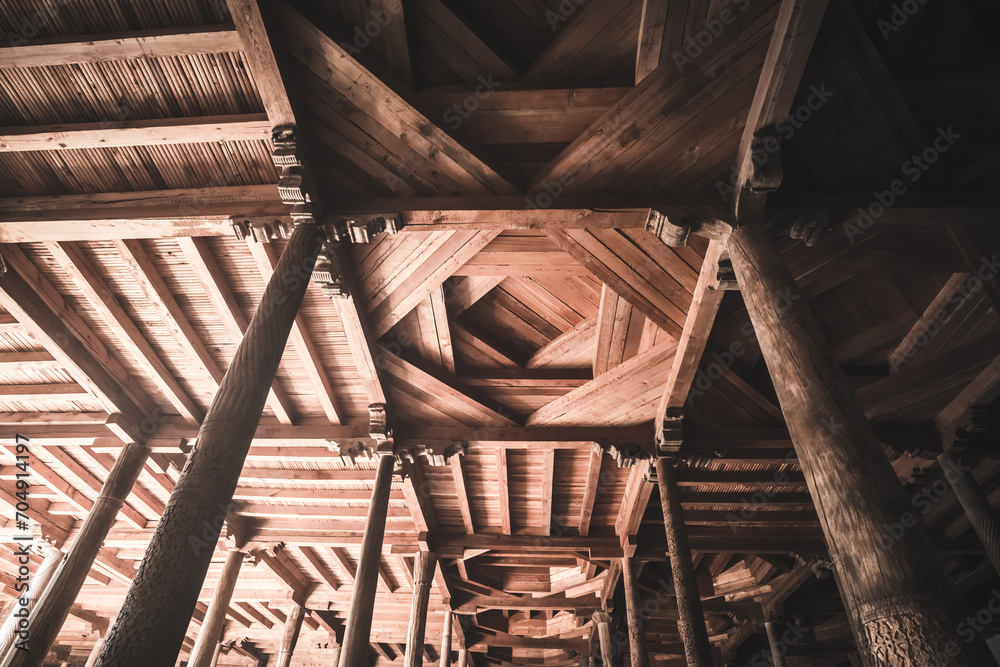 Interior inside the ancient Juma mosque with wooden carved mosaic ...