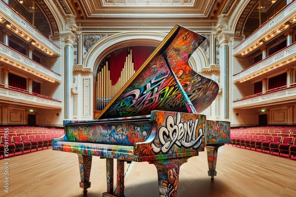 The vibrant graffiti on the grand piano harmonizes with the classical ...