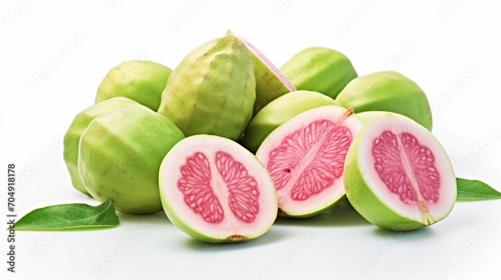 guava slices on a clean white surface, highlighting the vibrant pink ...