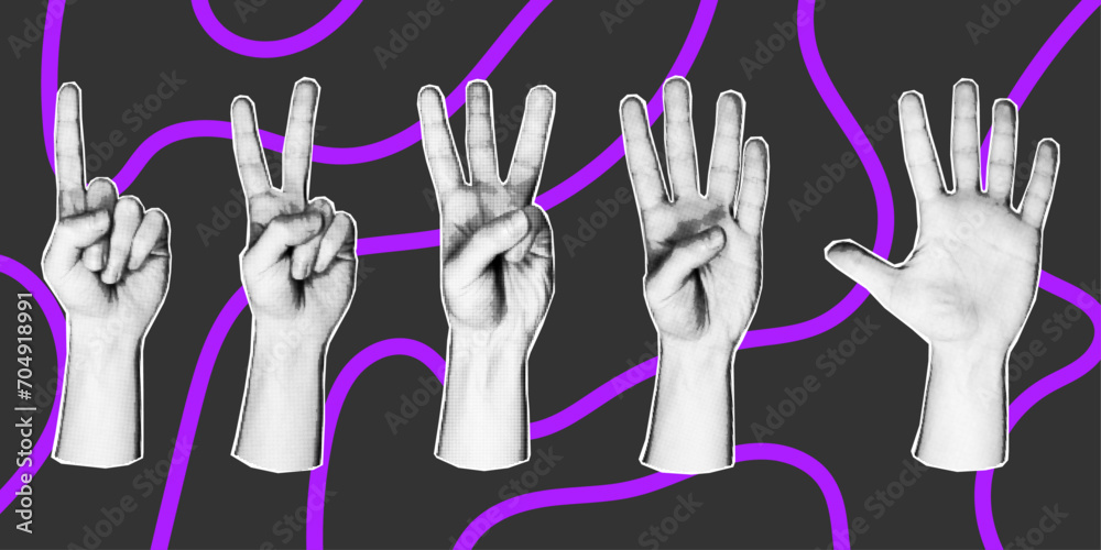 Set of 5 vector elements in retro halftone style. Various hand gesture ...