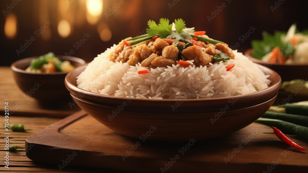 Rice Thai food against the warm backdrop of a polished wooden table ...