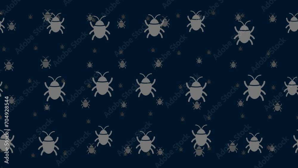 Bug symbols float horizontally from left to right. Parallax fly effect. Floating symbols are ...