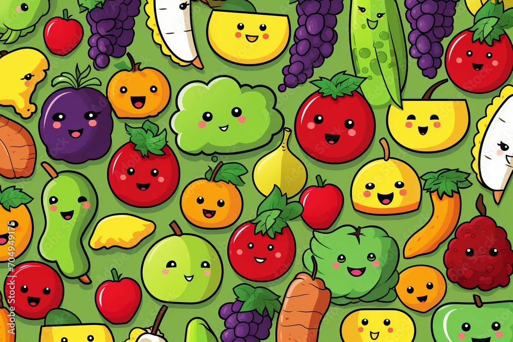 Cartoon cute doodles of kid-friendly fruits and vegetables forming a ...
