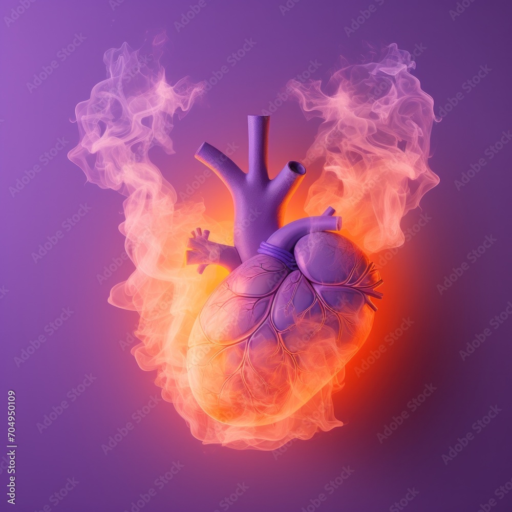 A digital illustration of a human heart enveloped in fiery smoke ...