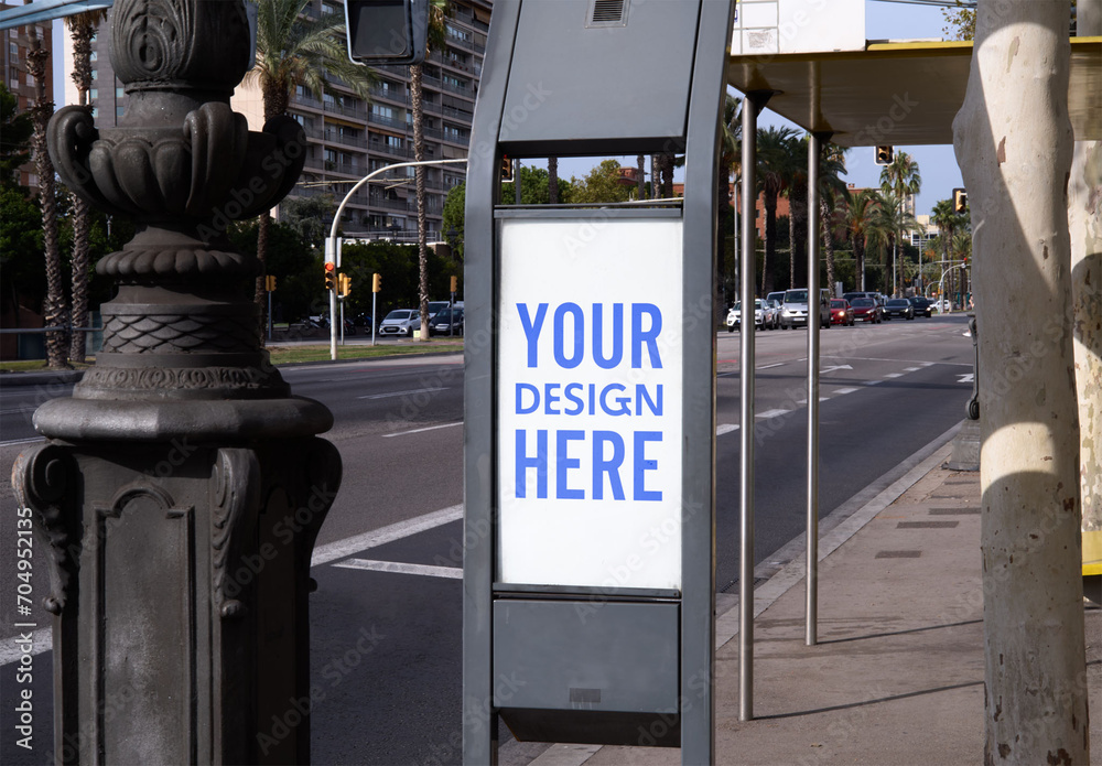 Mockup of customizable street sign on sidewalk Stock Template | Adobe Stock