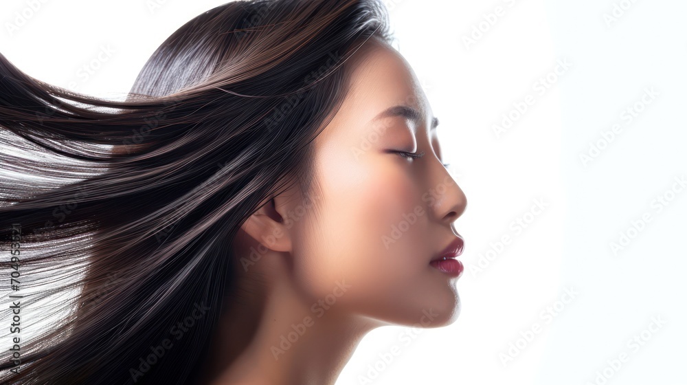 Asian woman through a close-up side profile portrait, showcasing her ...