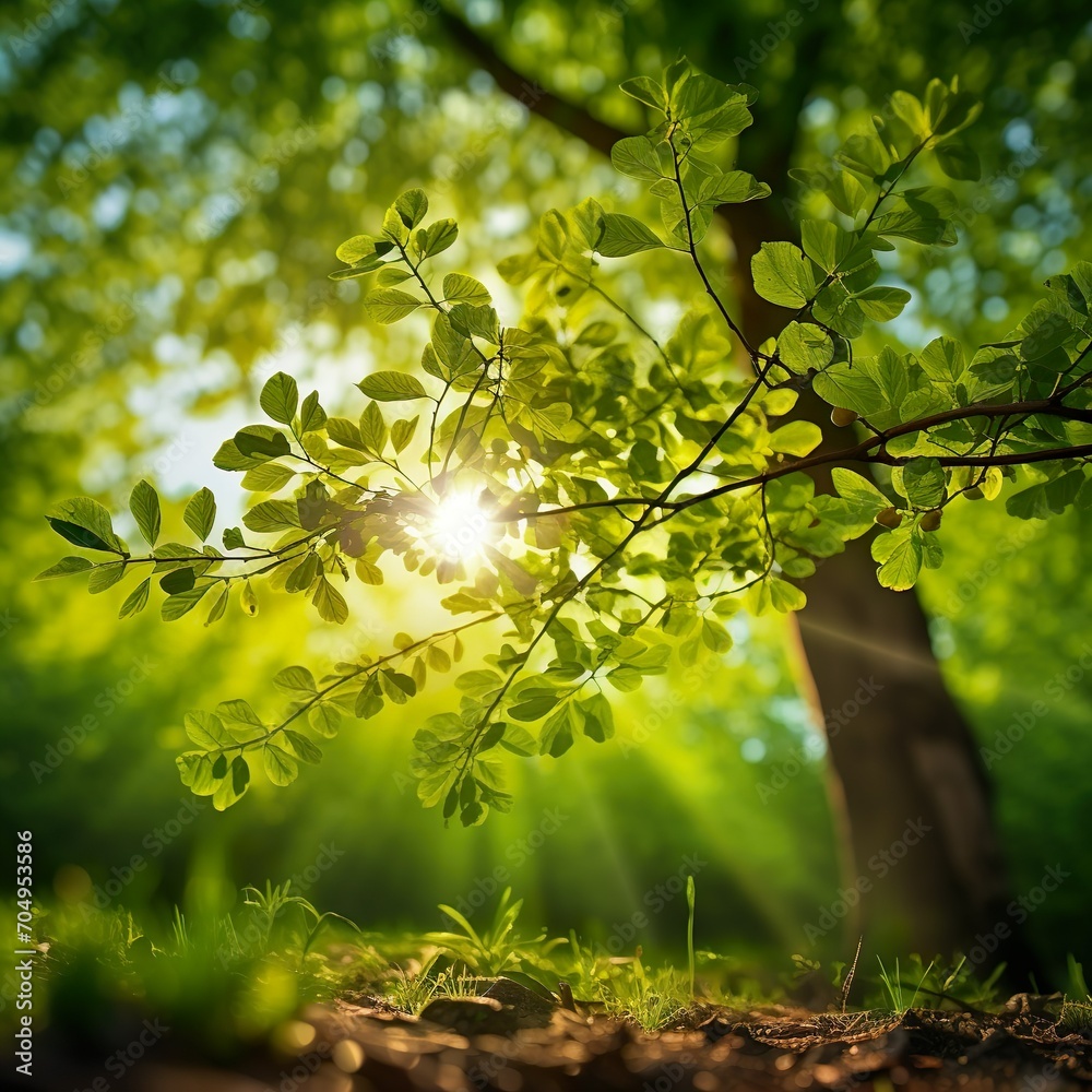 ottom view, along the trunk, of the blurred fresh green foliage of a ...