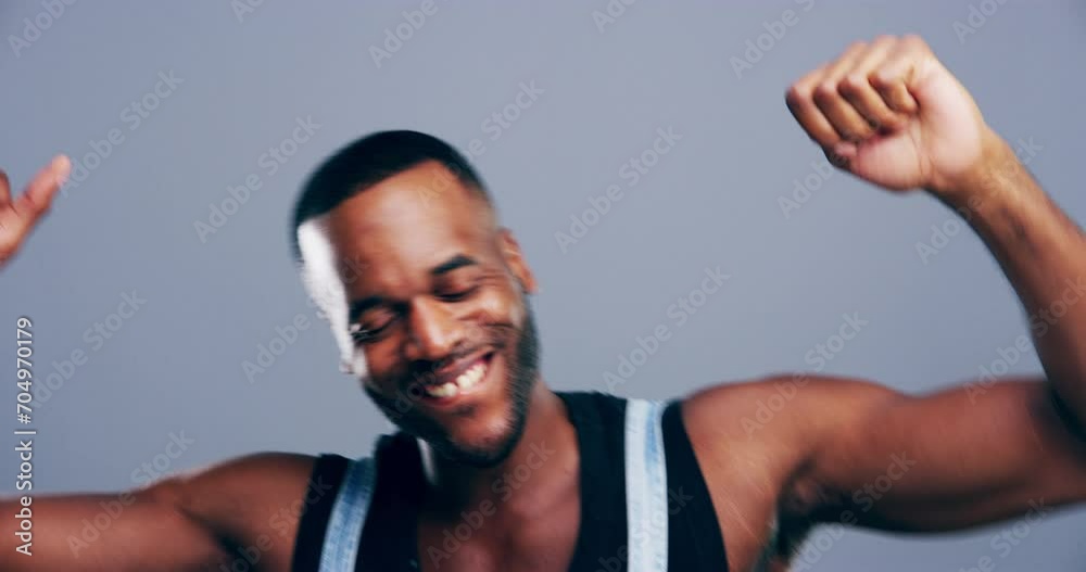 Face, dancing and black man with celebration, smile and freedom on a ...