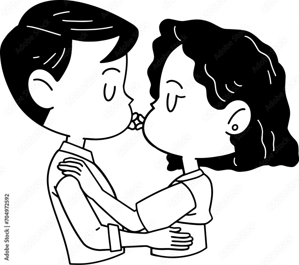 Cute valentine couple hugging and kissing, coloring page outline ...