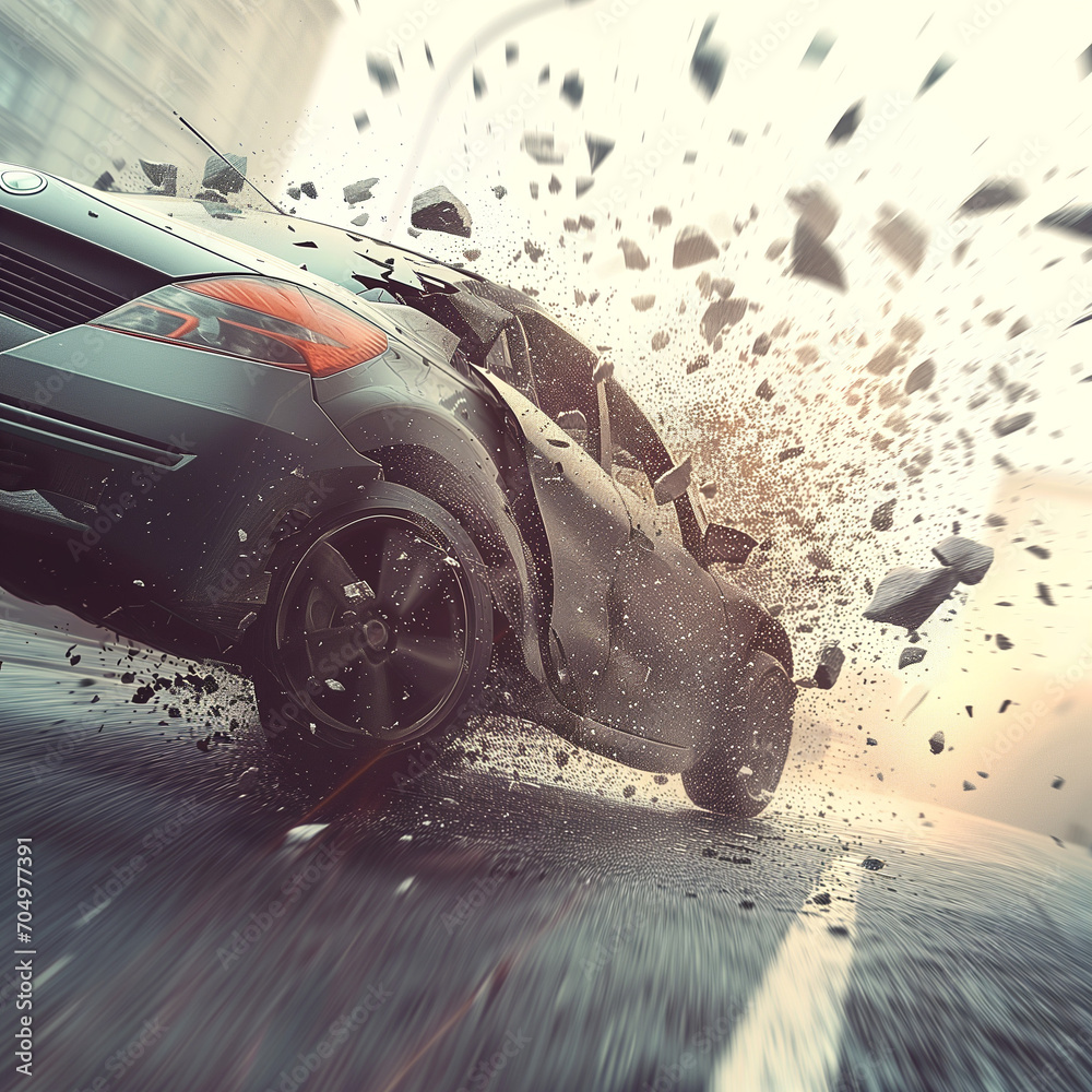dramatic scene of a car crash with a black car depicted mid-collision ...