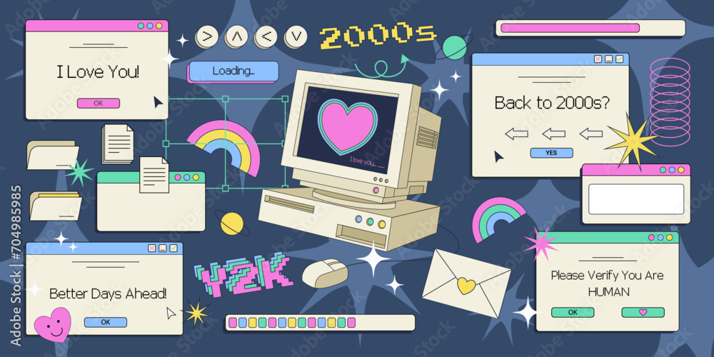 Y2K sticker set with retro computer screen, vintage objects and opened ...