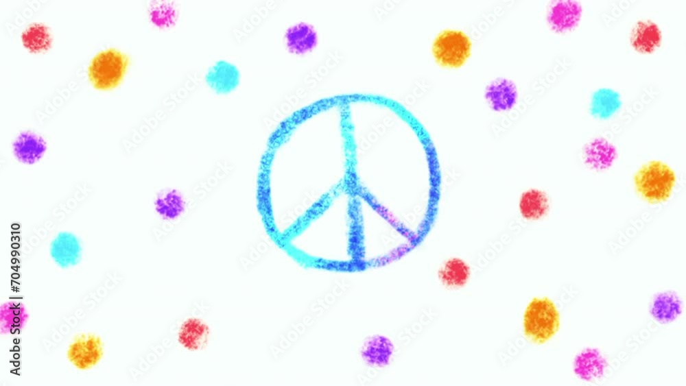 Hand drawn animated symbol of peace on colorful background with polka ...