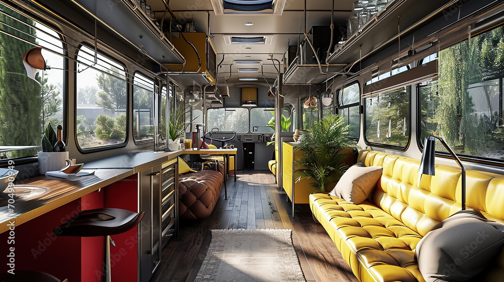 Future concept of bus interior. Transport to live in. Stock ...