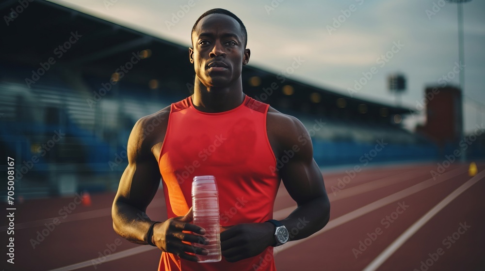 male black sprinter / runner athlete on a track holding cold isotonic ...