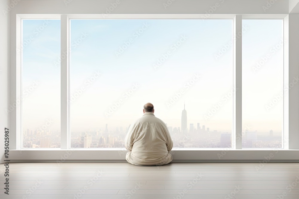 Man view from the back looking out the window,panoramic windows, white ...