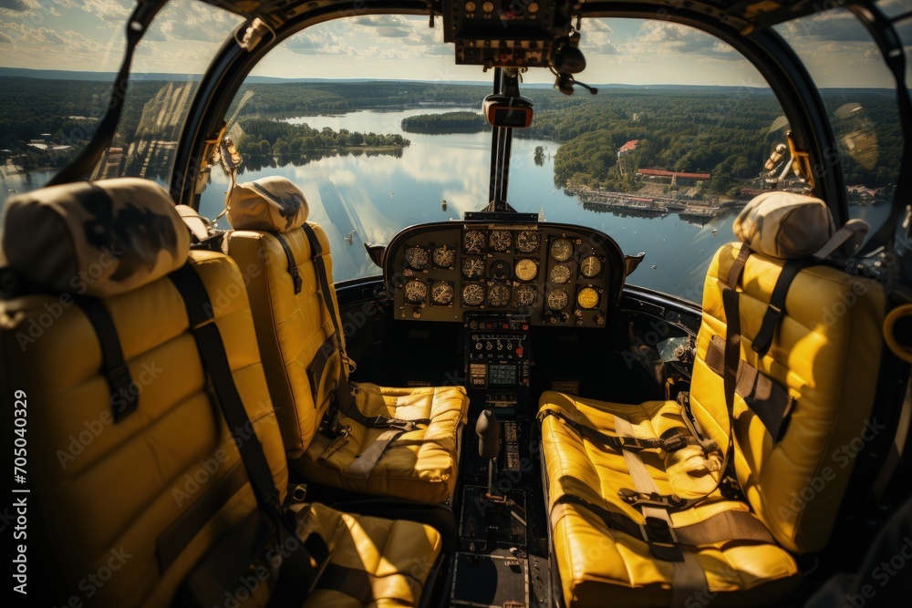 Empty cockpit of a helicopter with cloudy sky and nature view from the ...
